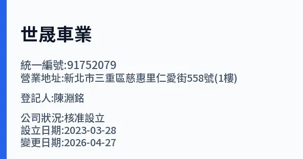 世晟車業的照片-統編 91752079(新北市) 公司登記資料與營業項目詳細圖表