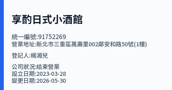 享酌日式小酒館的照片-統編 91752269(新北市) 公司登記資料與營業項目詳細圖表