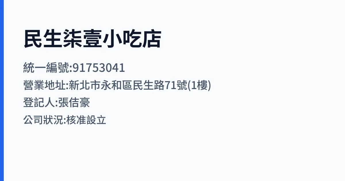 民生柒壹小吃店 - 統編 91753041(新北市) 公司登記資料與營業項目詳細圖表