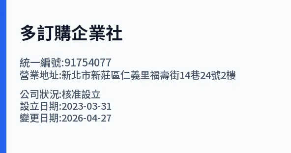 多訂購企業社的照片-統編 91754077(新北市) 公司登記資料與營業項目詳細圖表
