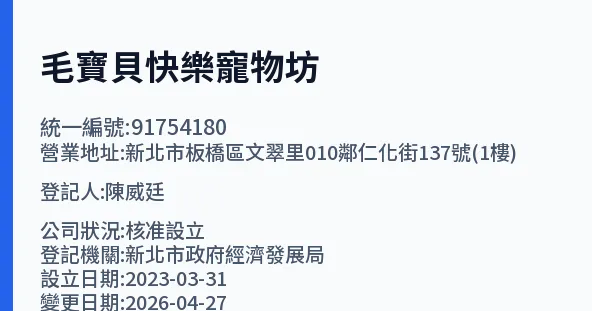 毛寶貝快樂寵物坊的照片-統編 91754180(新北市) 公司登記資料與營業項目詳細圖表