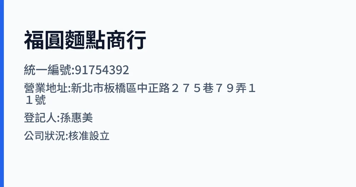 福圓麵點商行 - 統編 91754392(新北市) 公司登記資料與營業項目詳細圖表