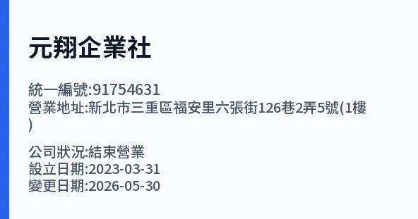 元翔企業社的照片-統編 91754631(新北市) 公司登記資料與營業項目詳細圖表