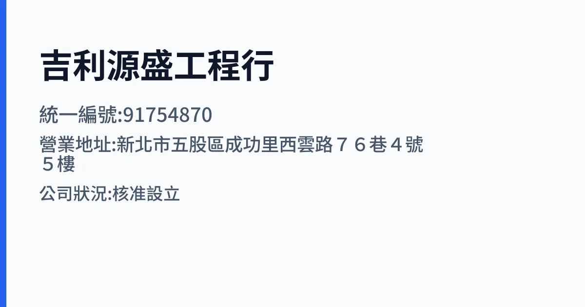 吉利源盛工程行 - 統編 91754870(新北市) 公司登記資料與營業項目詳細圖表