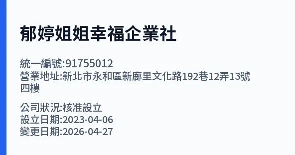 郁婷姐姐幸福企業社的照片-統編 91755012(新北市) 公司登記資料與營業項目詳細圖表