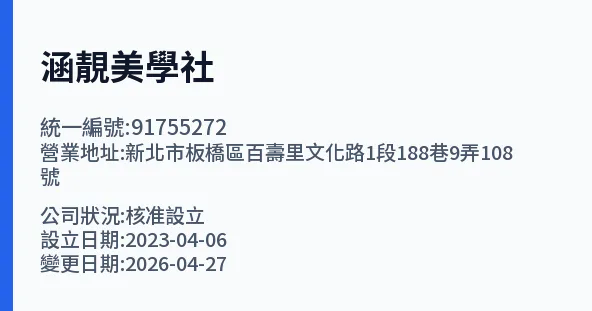 涵靚美學社的照片-統編 91755272(新北市) 公司登記資料與營業項目詳細圖表