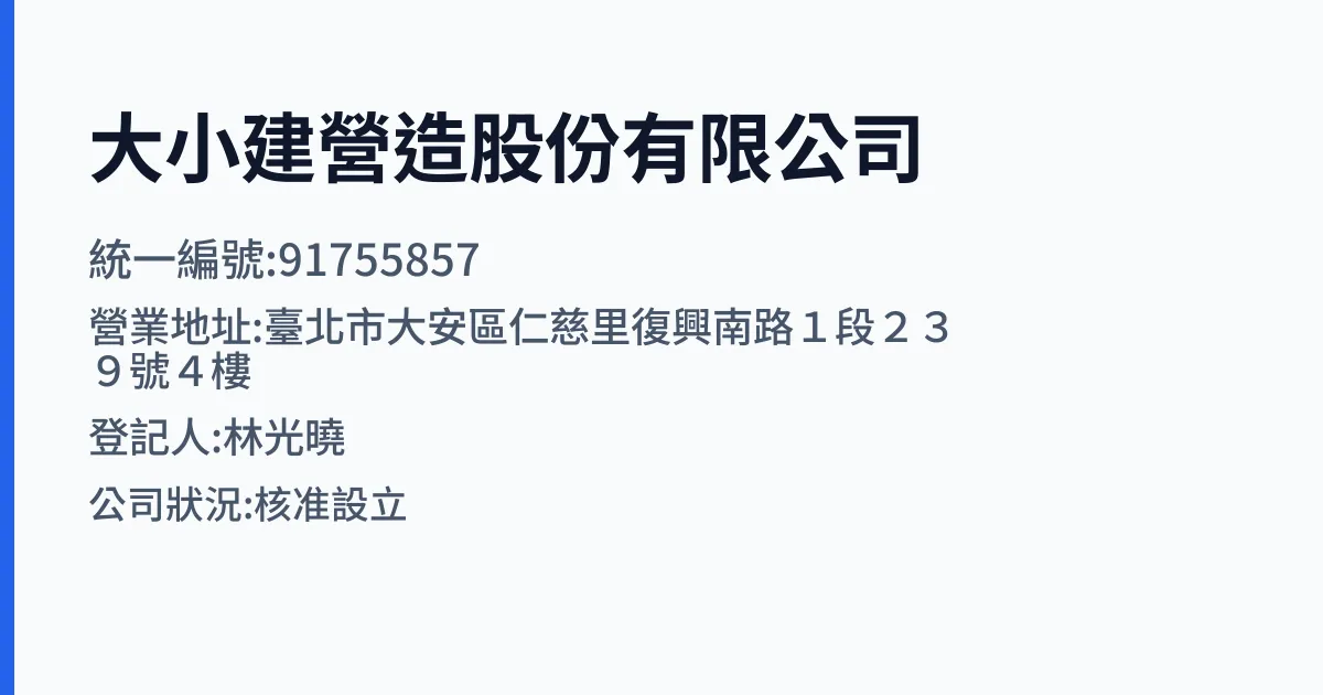 大小建營造股份有限公司 - 統編 91755857(臺北市) 公司登記資料與營業項目詳細圖表