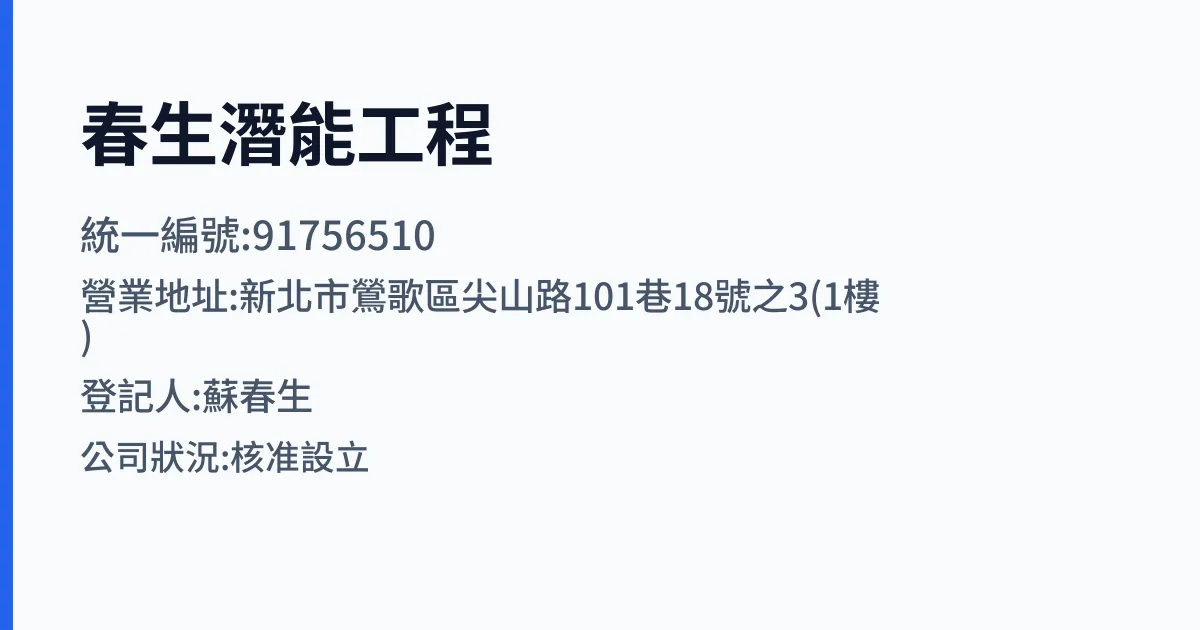 春生潛能工程 - 統編 91756510(新北市) 公司登記資料與營業項目詳細圖表