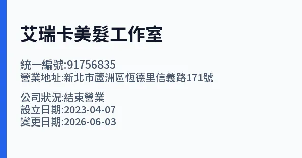 艾瑞卡美髮工作室的照片-統編 91756835(新北市) 公司登記資料與營業項目詳細圖表