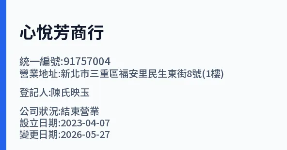 心悅芳商行的照片-統編 91757004(新北市) 公司登記資料與營業項目詳細圖表