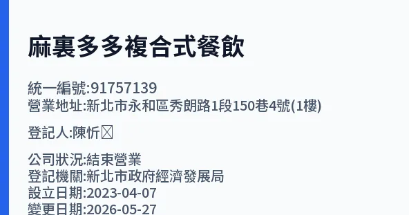 麻裏多多複合式餐飲的照片-統編 91757139(新北市) 公司登記資料與營業項目詳細圖表