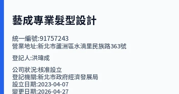 藝成專業髮型設計的照片-統編 91757243(新北市) 公司登記資料與營業項目詳細圖表
