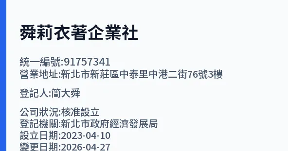 舜莉衣著企業社的照片-統編 91757341(新北市) 公司登記資料與營業項目詳細圖表