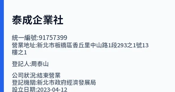泰成企業社的照片-統編 91757399(新北市) 公司登記資料與營業項目詳細圖表
