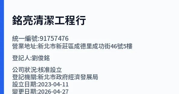 銘亮清潔工程行的照片-統編 91757476(新北市) 公司登記資料與營業項目詳細圖表