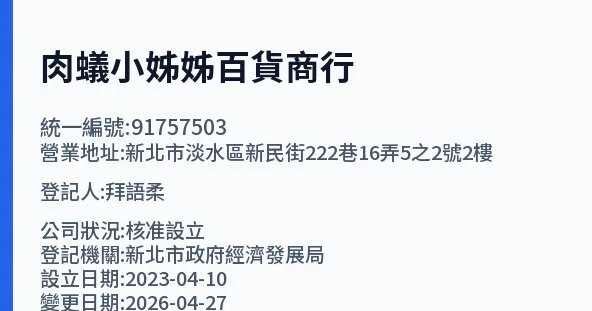 肉蟻小姊姊百貨商行的照片-統編 91757503(新北市) 公司登記資料與營業項目詳細圖表