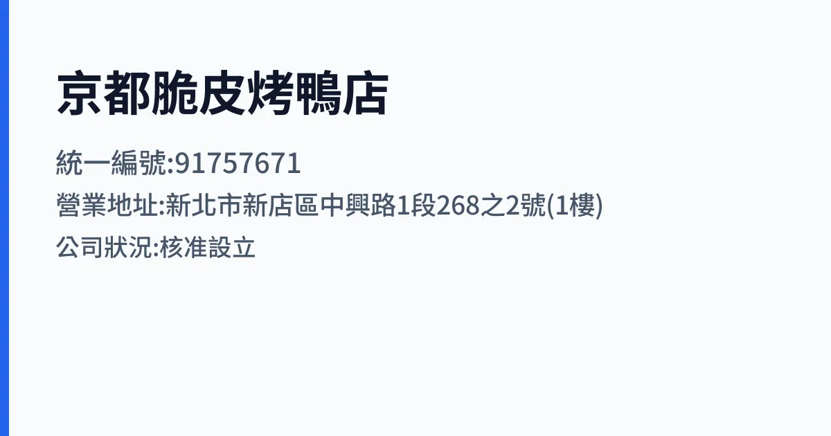 京都脆皮烤鴨店 - 統編 91757671(新北市) 公司登記資料與營業項目詳細圖表