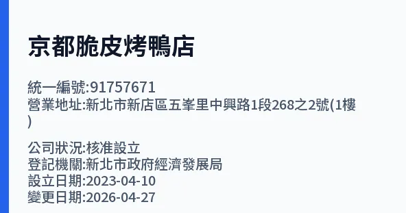京都脆皮烤鴨店的照片-統編 91757671(新北市) 公司登記資料與營業項目詳細圖表
