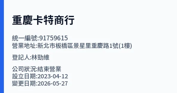 重慶卡特商行的照片-統編 91759615(新北市) 公司登記資料與營業項目詳細圖表