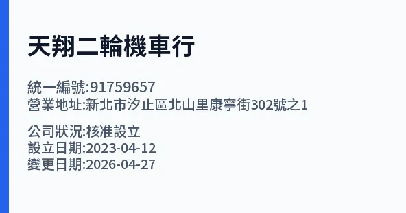 天翔二輪機車行的照片-統編 91759657(新北市) 公司登記資料與營業項目詳細圖表