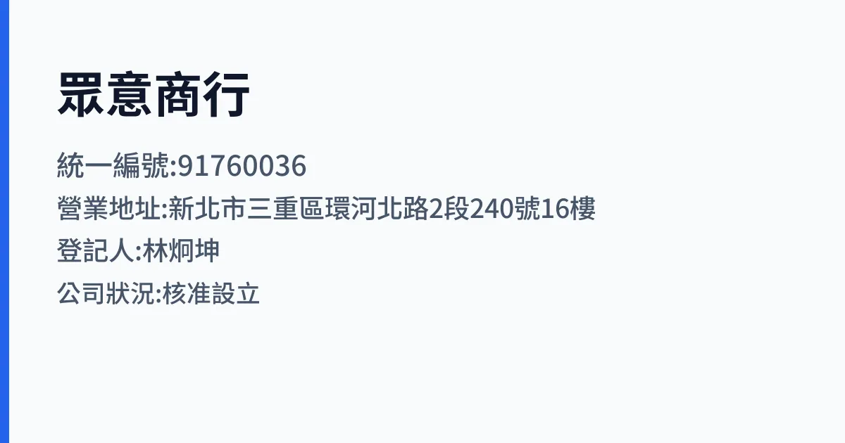 眾意商行 - 統編 91760036(新北市) 公司登記資料與營業項目詳細圖表