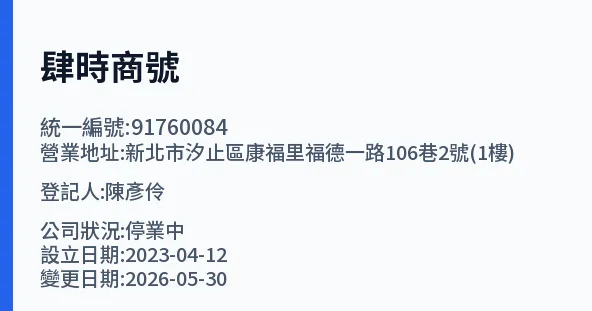肆時商號的照片-統編 91760084(新北市) 公司登記資料與營業項目詳細圖表