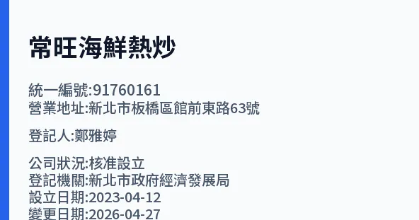 常旺海鮮熱炒的照片-統編 91760161(新北市) 公司登記資料與營業項目詳細圖表