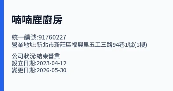 喃喃鹿廚房的照片-統編 91760227(新北市) 公司登記資料與營業項目詳細圖表