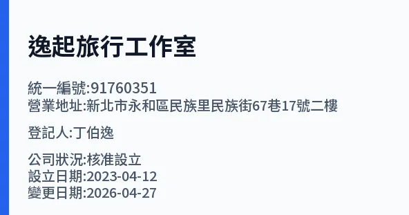 逸起旅行工作室的照片-統編 91760351(新北市) 公司登記資料與營業項目詳細圖表