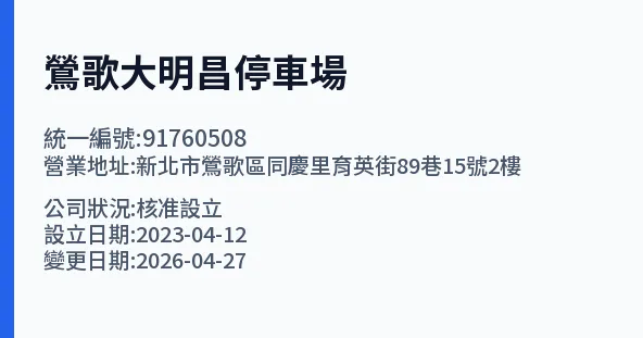 鶯歌大明昌停車場的照片-統編 91760508(新北市) 公司登記資料與營業項目詳細圖表