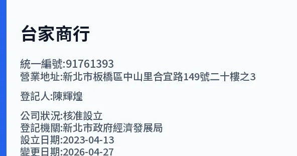 台家商行的照片-統編 91761393(新北市) 公司登記資料與營業項目詳細圖表