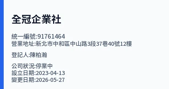 全冠企業社的照片-統編 91761464(新北市) 公司登記資料與營業項目詳細圖表