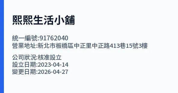 熙熙生活小舖的照片-統編 91762040(新北市) 公司登記資料與營業項目詳細圖表
