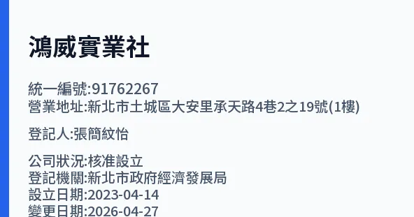 鴻威實業社的照片-統編 91762267(新北市) 公司登記資料與營業項目詳細圖表