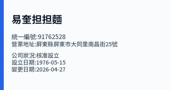 易奎担担麵的照片-統編 91762528(屏東縣) 公司登記資料與營業項目詳細圖表