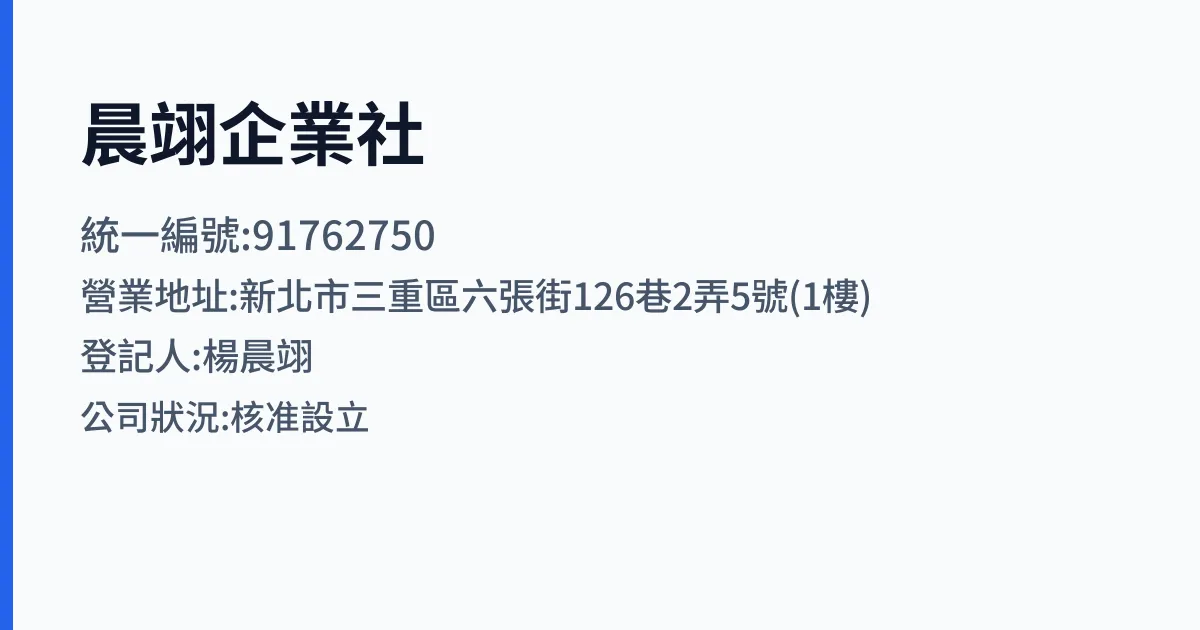 晨翊企業社 - 統編 91762750(新北市) 公司登記資料與營業項目詳細圖表