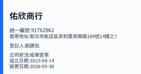 佑欣商行的照片-統編 91762962(新北市) 公司登記資料與營業項目詳細圖表