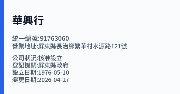 華興行的照片-統編 91763060(屏東縣) 公司登記資料與營業項目詳細圖表
