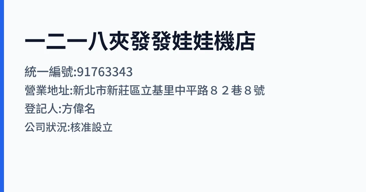 一二一八夾發發娃娃機店 - 統編 91763343(新北市) 公司登記資料與營業項目詳細圖表