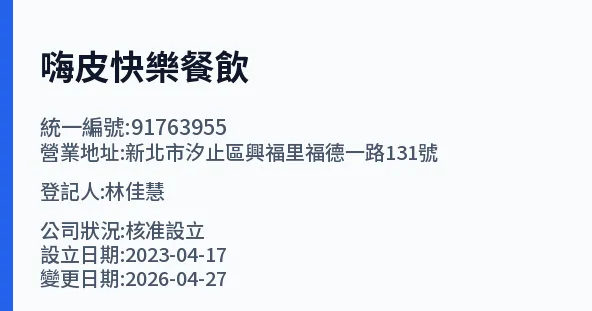 嗨皮快樂餐飲的照片-統編 91763955(新北市) 公司登記資料與營業項目詳細圖表