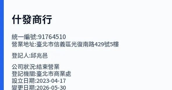 什發商行的照片-統編 91764510(臺北市) 公司登記資料與營業項目詳細圖表