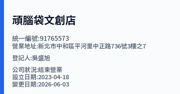 頑腦袋文創店的照片-統編 91765573(新北市) 公司登記資料與營業項目詳細圖表