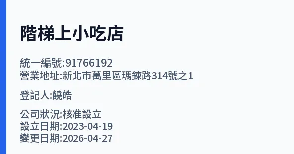 階梯上小吃店的照片-統編 91766192(新北市) 公司登記資料與營業項目詳細圖表