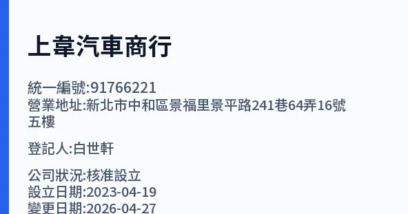 上韋汽車商行的照片-統編 91766221(新北市) 公司登記資料與營業項目詳細圖表