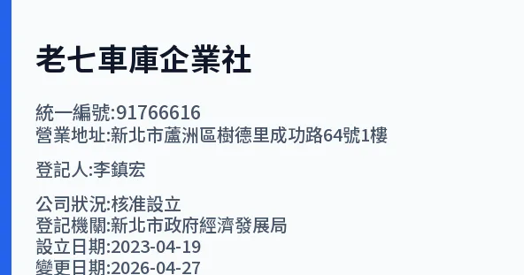 老七車庫企業社的照片-統編 91766616(新北市) 公司登記資料與營業項目詳細圖表