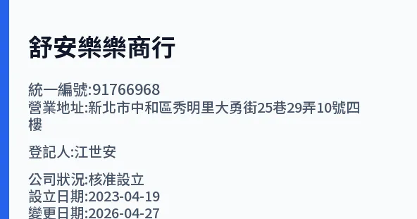 舒安樂樂商行的照片-統編 91766968(新北市) 公司登記資料與營業項目詳細圖表
