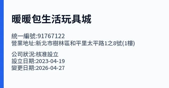 暖暖包生活玩具城的照片-統編 91767122(新北市) 公司登記資料與營業項目詳細圖表