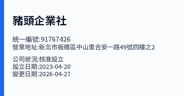 豬頭企業社的照片-統編 91767426(新北市) 公司登記資料與營業項目詳細圖表