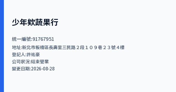 少年欸蔬果行的照片-統編 91767951(新北市) 公司登記資料與營業項目詳細圖表