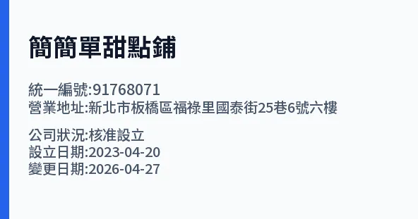 簡簡單甜點鋪的照片-統編 91768071(新北市) 公司登記資料與營業項目詳細圖表